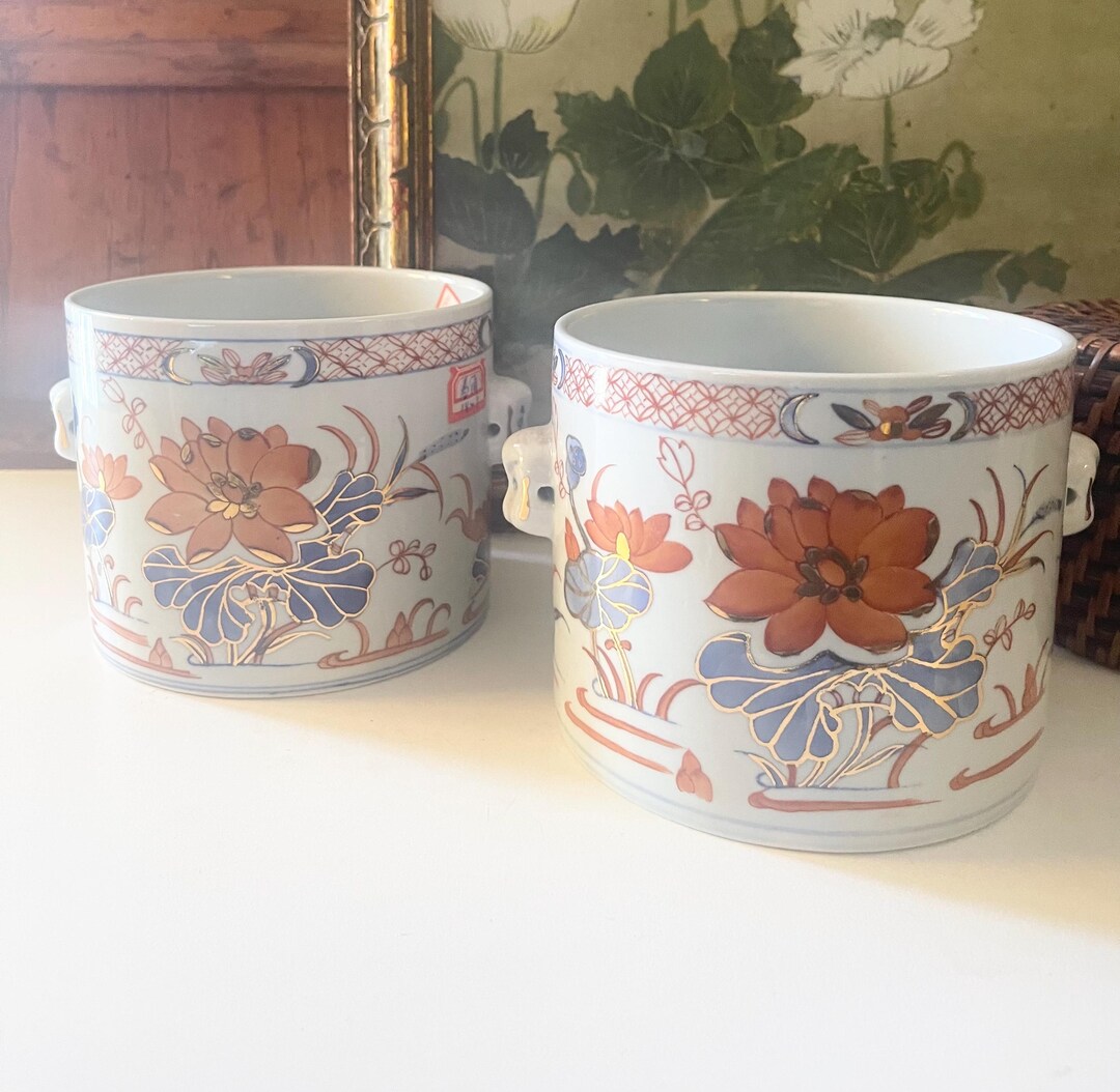 Vintage Pair of Oriental Planters, Hand Painted Cachepots, Orchid Pot ...
