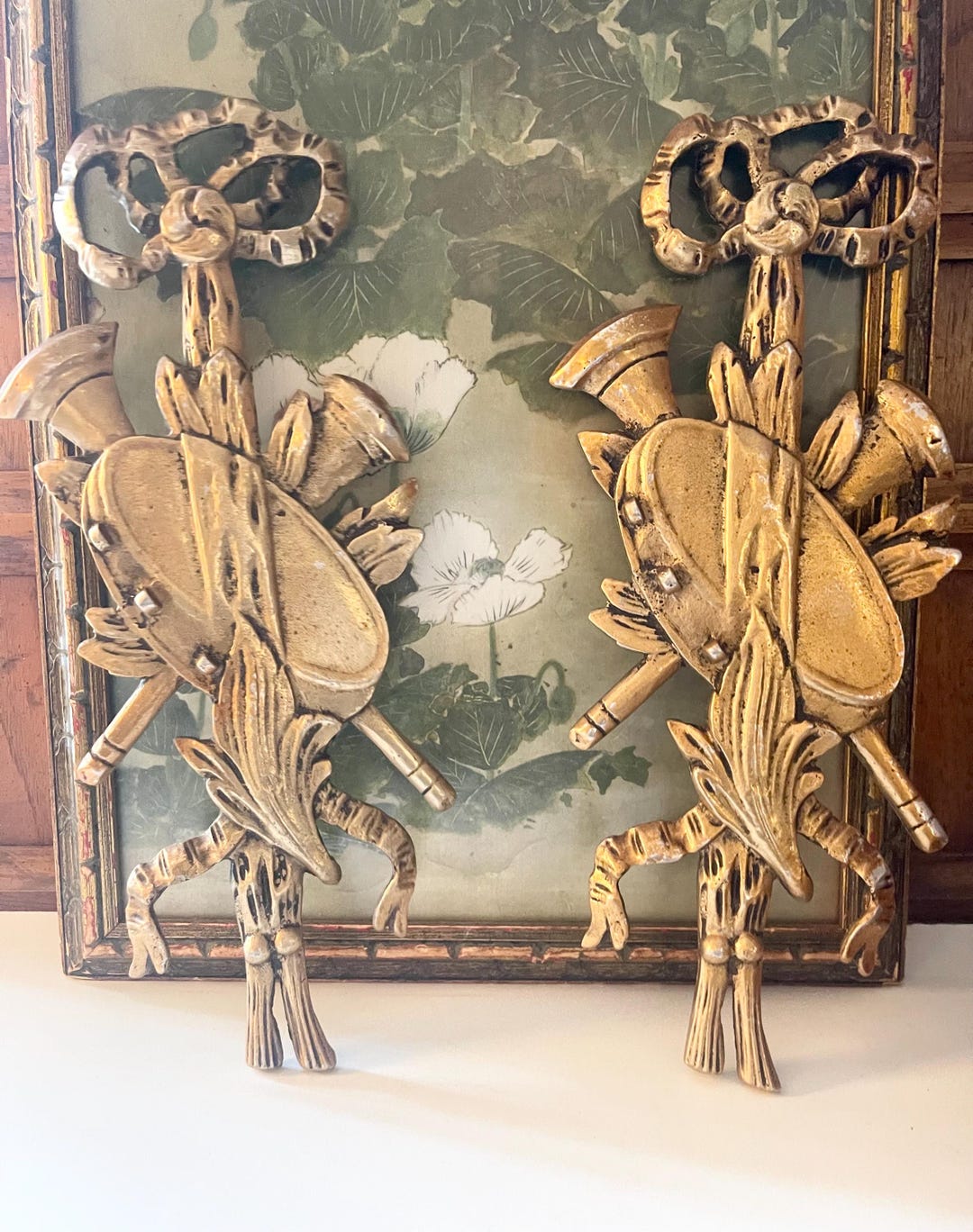 Vintage Pair of Gilded Metal Wall Plaques, Bow, Swag and Musical ...