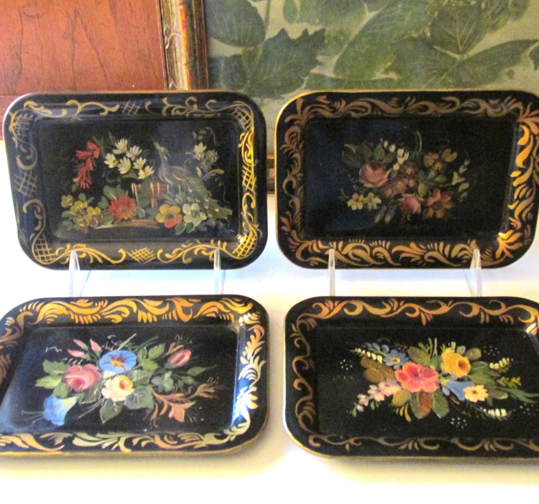 Four Vintage Mini Tole Trays, Hand Painted Floral, English Country ...