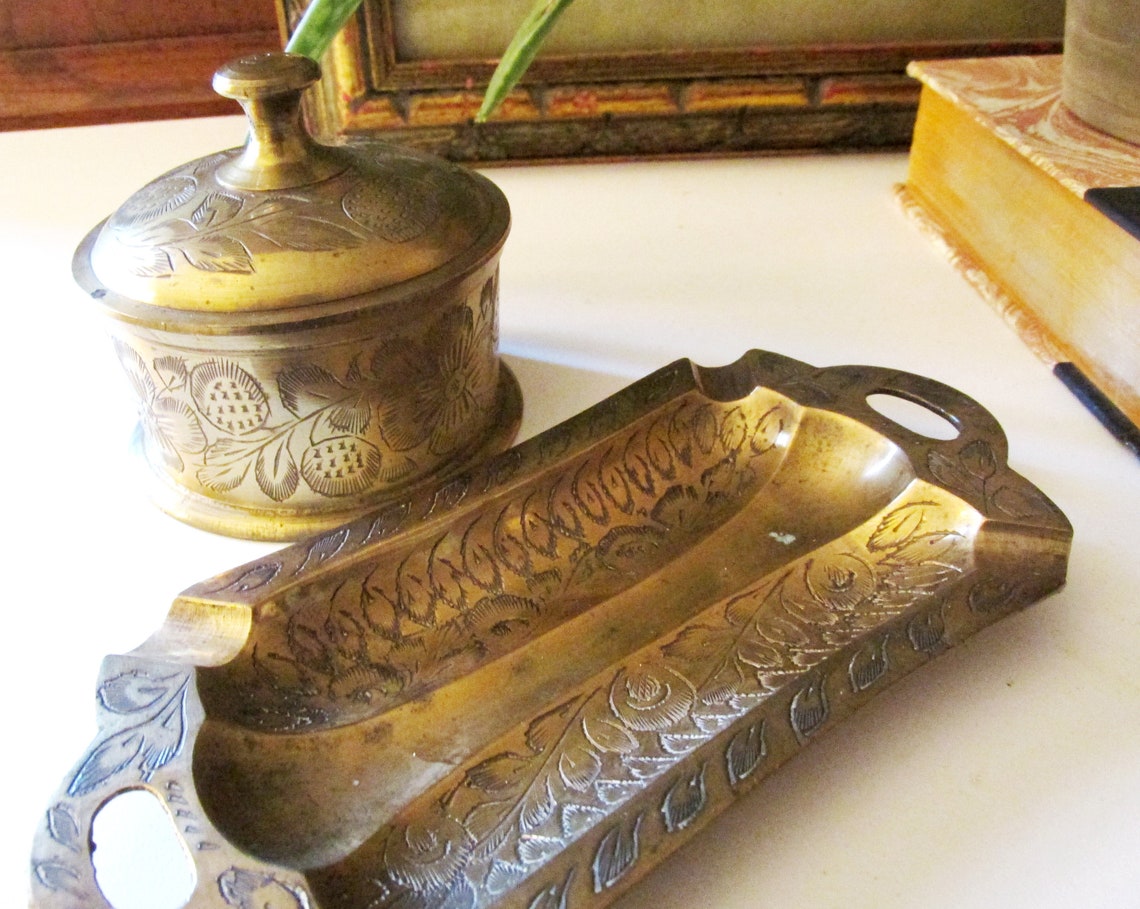 Vintage Brass Desk Set Etched Trinket Box Floral Etched | Etsy