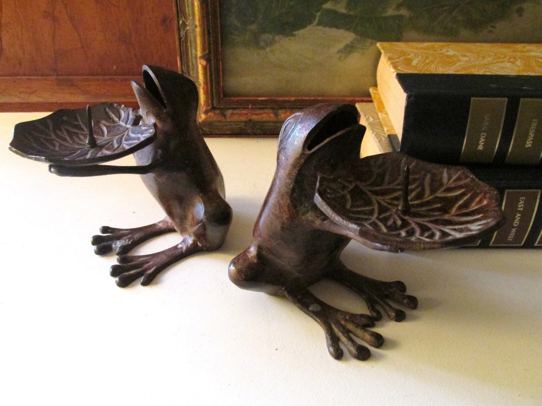 Two Metal Pillar Frog Candlestick Holders, Bronze Color Metal ...