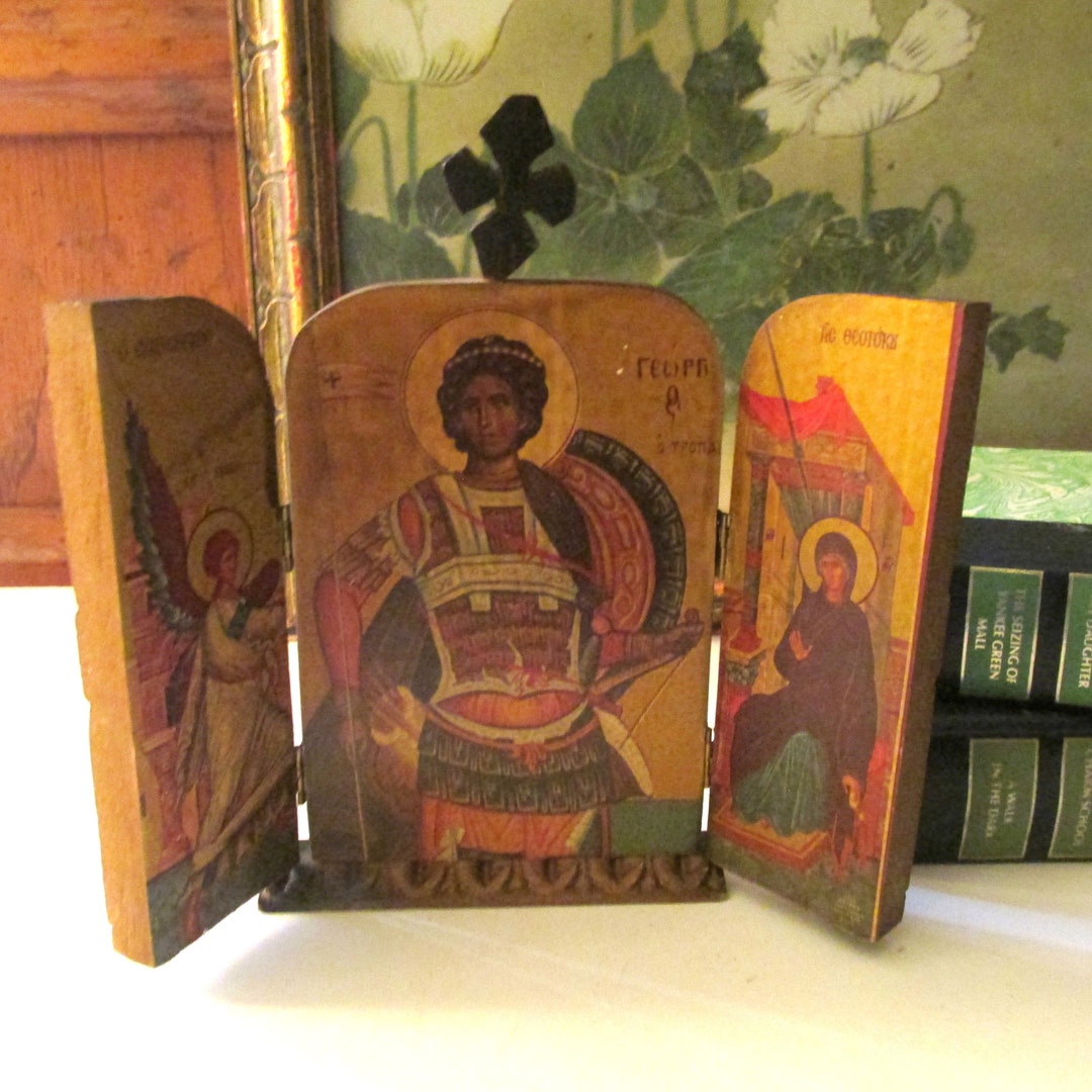 Vintage Religious Folding Panel Icon Triptych, Religious Icon, Image on ...