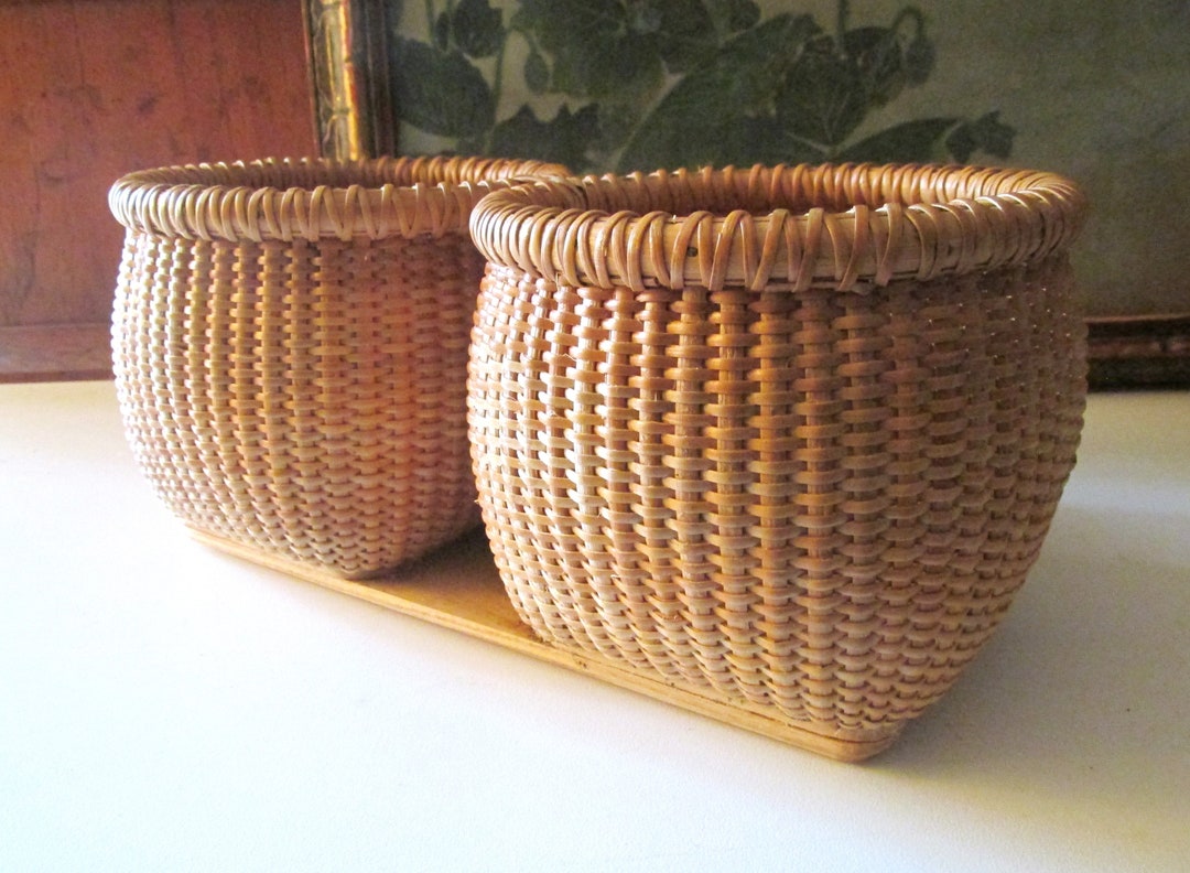 Vintage Hancock Nantucket Style Planters, Double Attached Woven Rattan ...