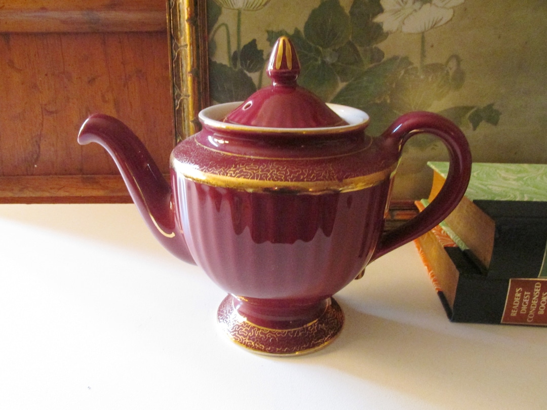 Vintage Hall Teapot, Made in USA, Six Cup Maroon and Gold Teapot ...