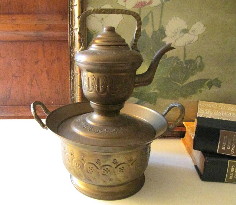 Vintage Moroccan Brass Hand Wash Tass Kettle Set, Decorative Kettle Set ...