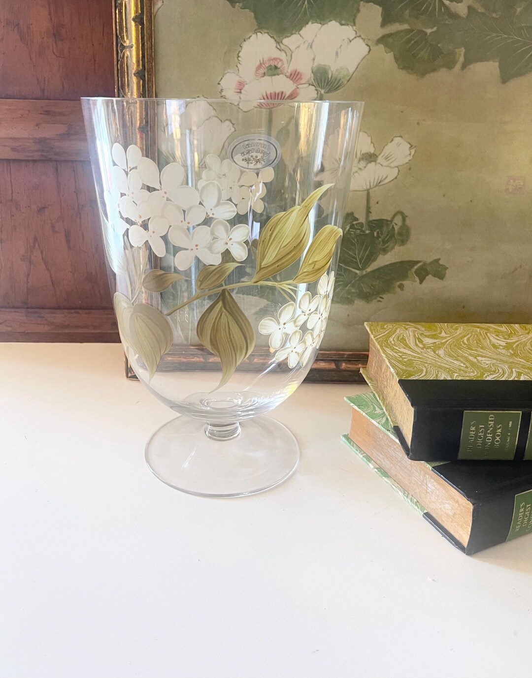 Vintage Laura Ashley Hydrangea Hand Painted Footed Vase, Glass Flower ...