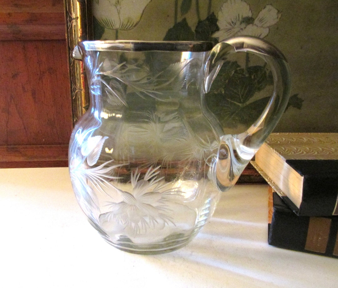 Vintage Sterling Silver Overlay Glass Pitcher, Etched Glass Floral ...