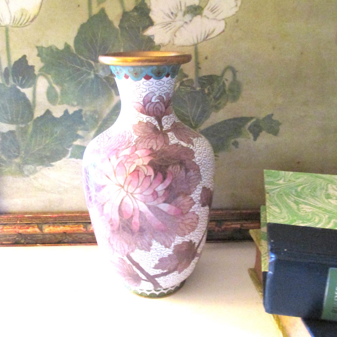 Vintage Jingfa Cloisonné Vase, Pink Floral and Butterfly Vase, Oriental ...