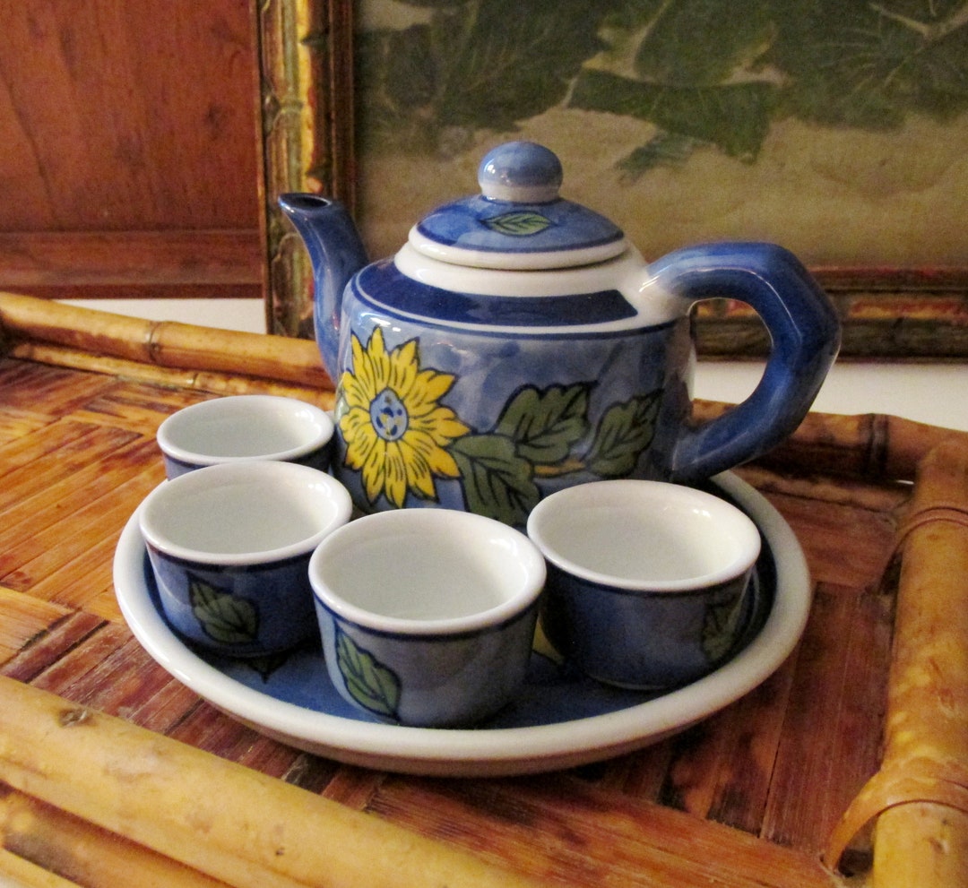 Vintage April Cornell Mini Teapot Set, Kid's Sunflower Blue and Yellow ...