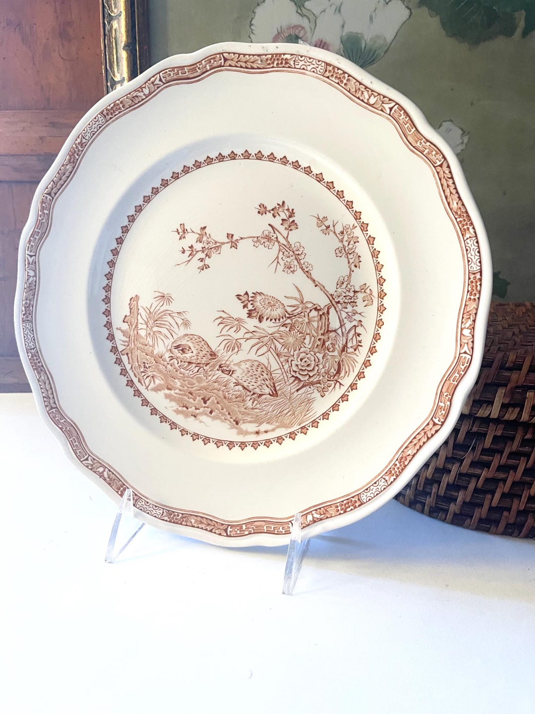 Vintage Furnival Quail Dinner Plate, Chinoiserie Brown Transferware ...