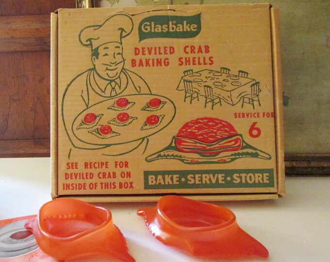 Vintage Glasbake Deviled Crab Baking Shells, Service for Six, Red Glass ...