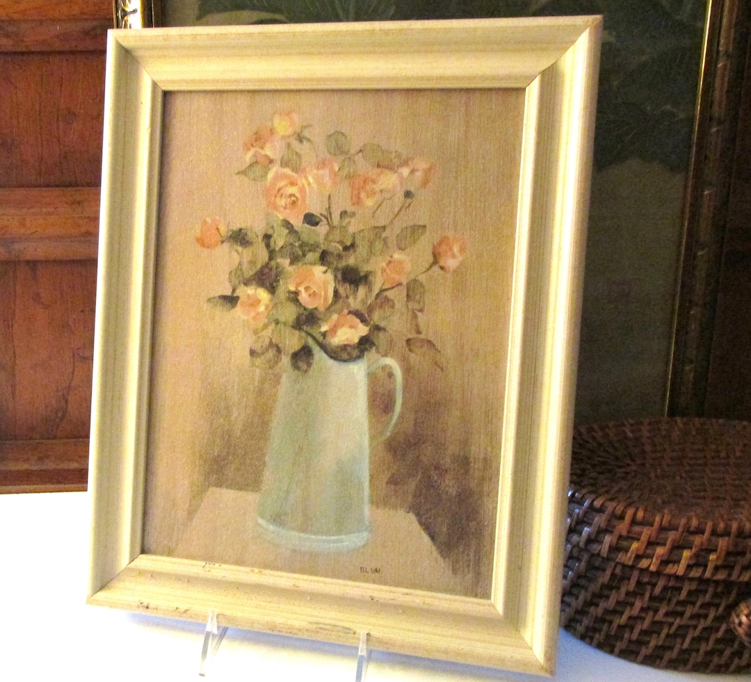Vintage Cheri Blum Framed Reproduction of Roses in A Pitcher, 1980's ...