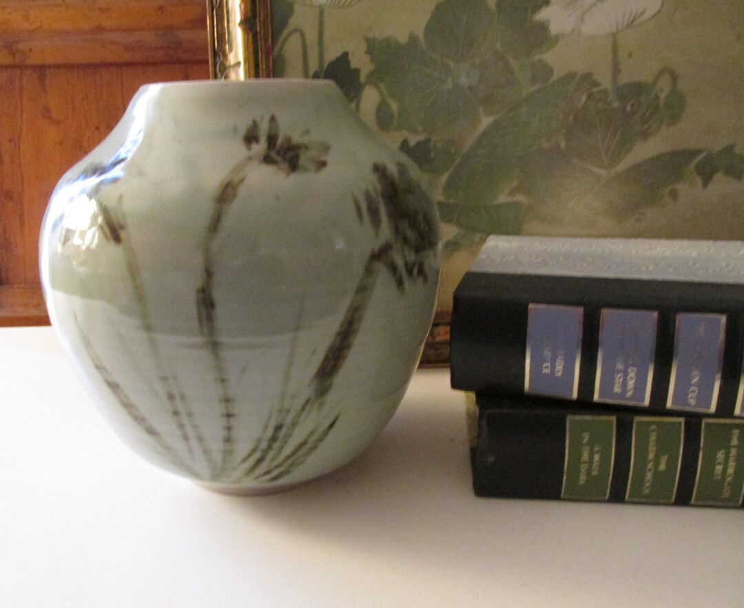 Vintage Art Pottery Vase, Signed Studio Art Vase, Organic Celadon Vase ...