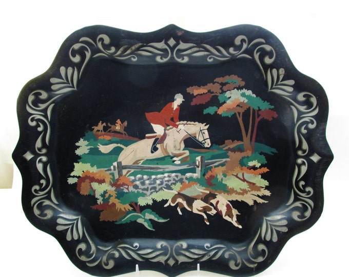 Fox Hunt Tole Tray, Preppy Hunting Scene Tray, Scallop Edge, Black ...