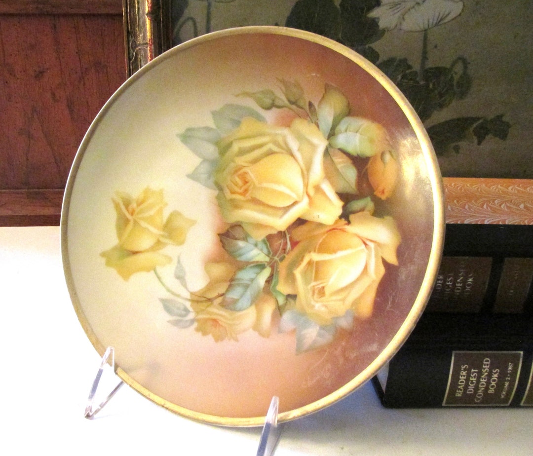 Hand Painted Yellow Roses Antique Decorative Plate, Romantic Cottage ...
