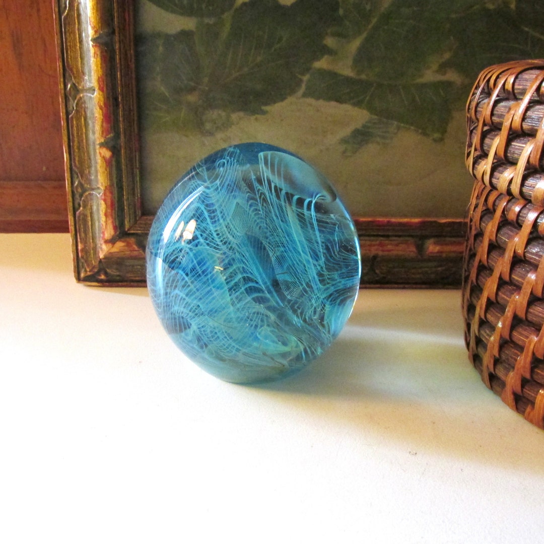 Vintage Signed Slade Art Glass Paperweight Teal or Aqua Blue, Home ...