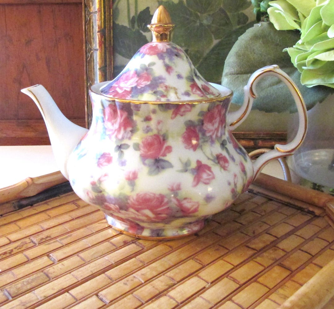 Ganz Pink Roses Teapot, Gold Trim Chintzware Teapot, Tea Party Decor ...