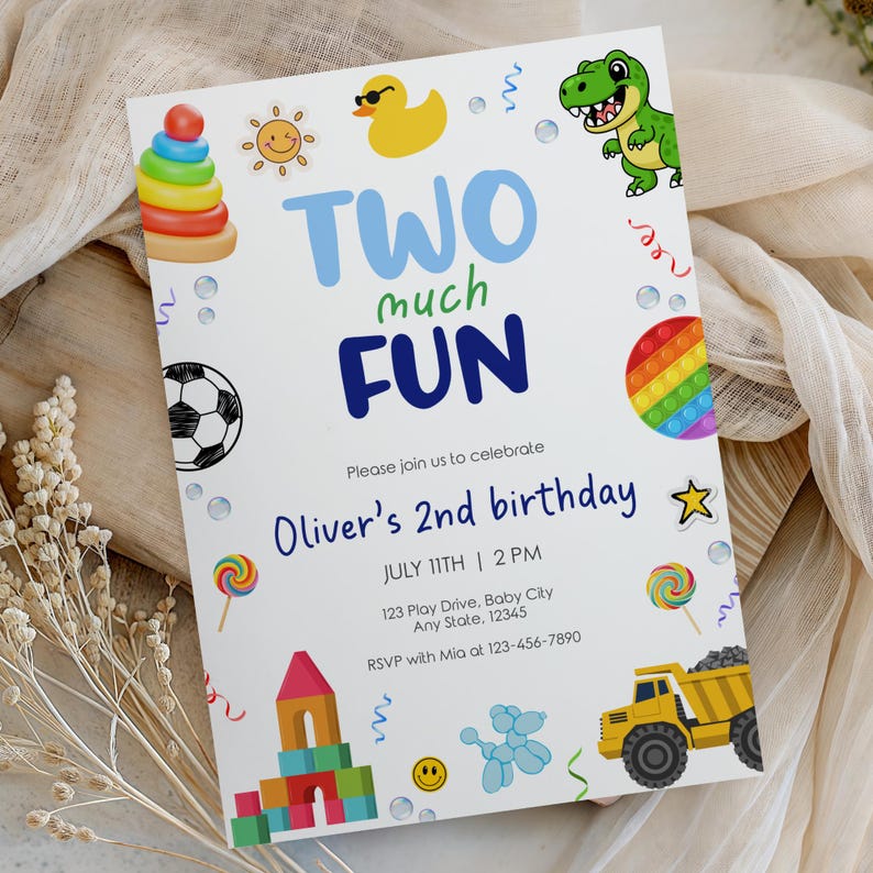 TWO Much Fun Birthday Invitation | Fun to Be One 2nd Birthday Invite ...