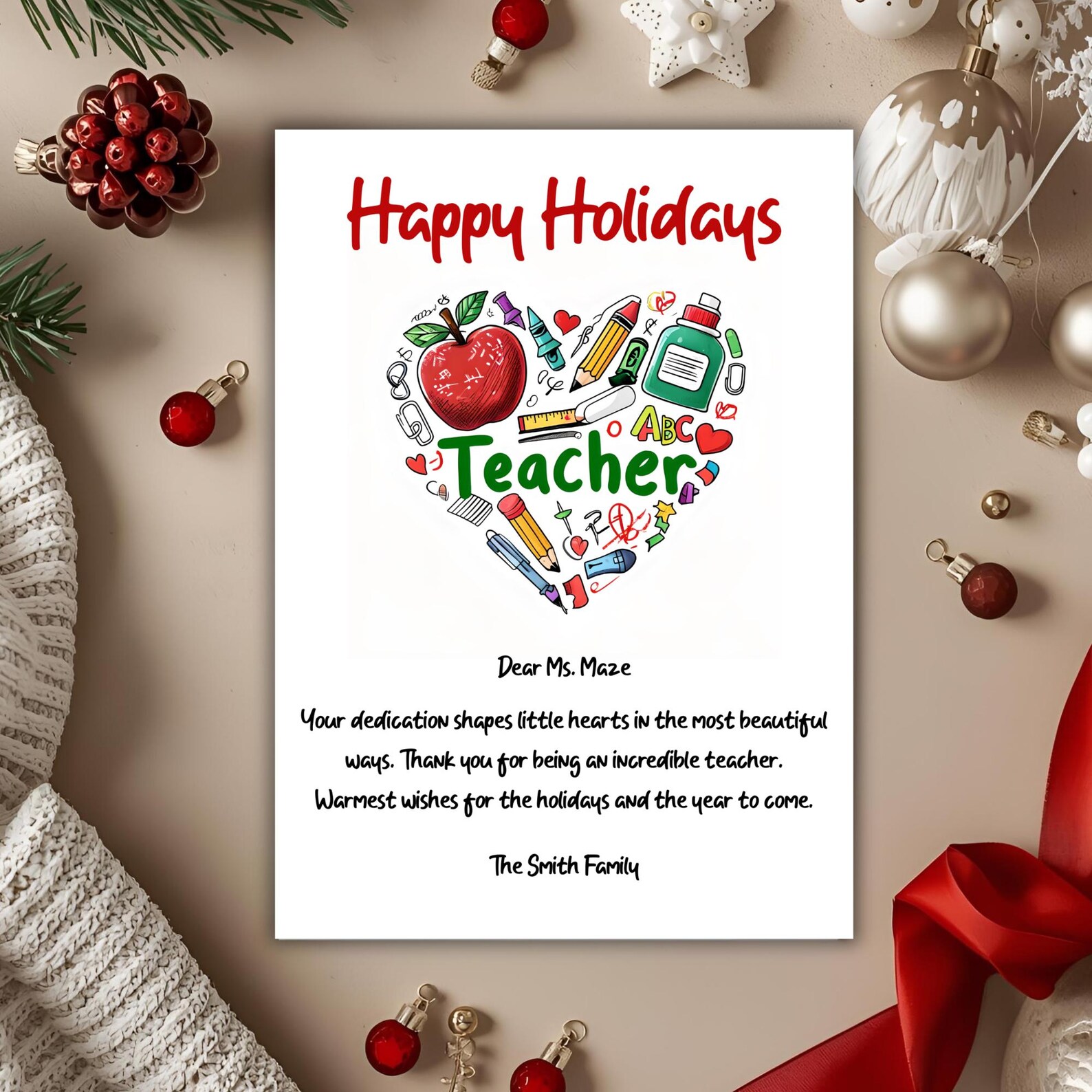 Teacher Holiday Card – Editable Printable | Heart School Supplies ...