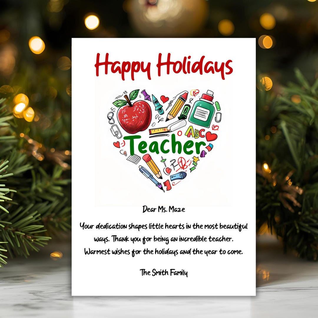 Teacher Holiday Card – Editable Printable | Heart School Supplies ...