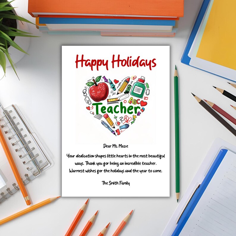 Editable Teacher Holiday Card – School Supplies Heart Design (digital ...