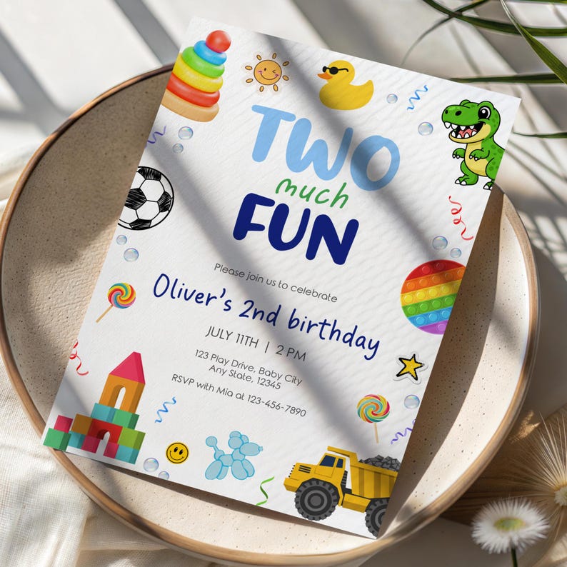 TWO Much Fun Birthday Invitation | Fun to Be One 2nd Birthday Invite ...