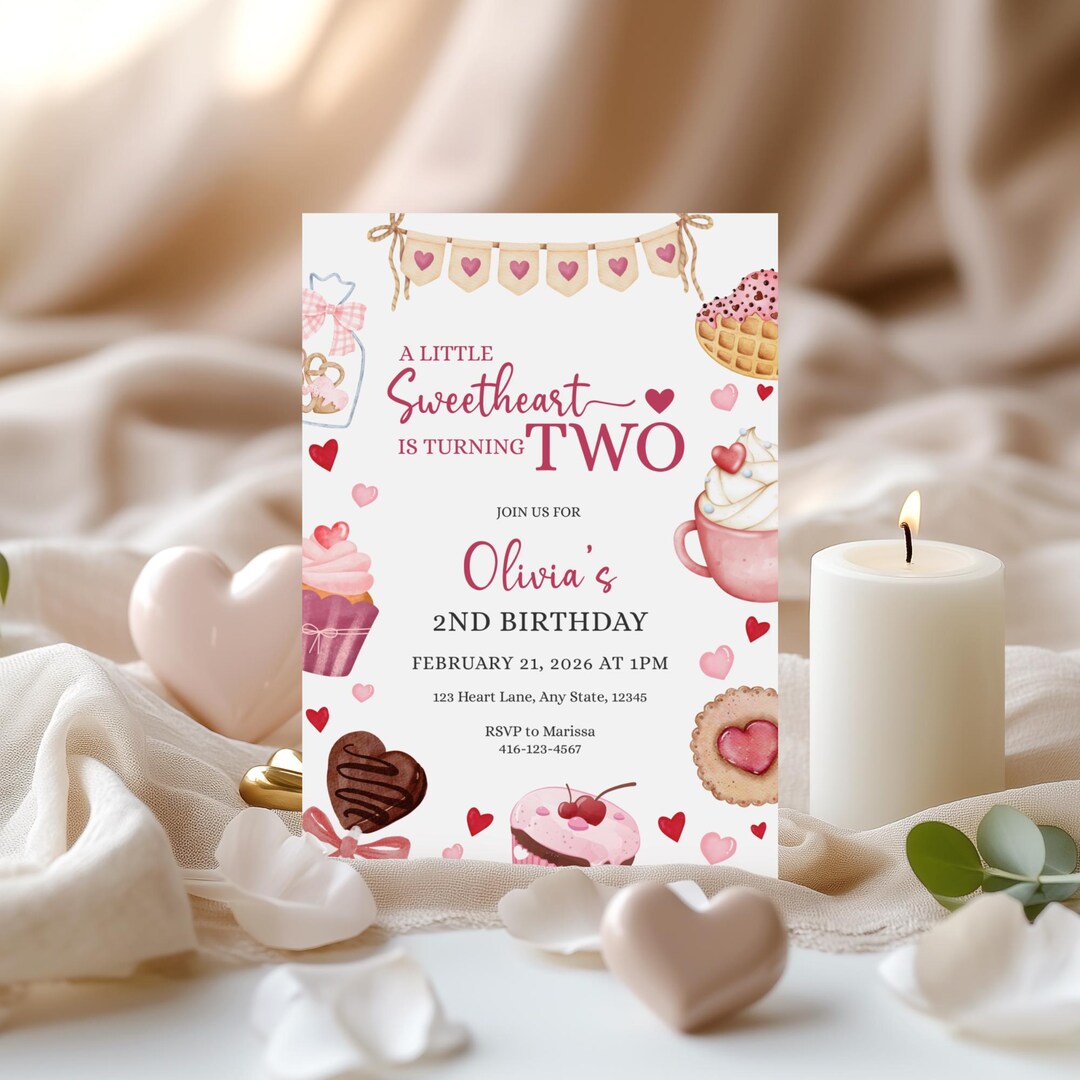 Sweetheart Second Birthday Invitation, Valentine's Day Theme - Etsy