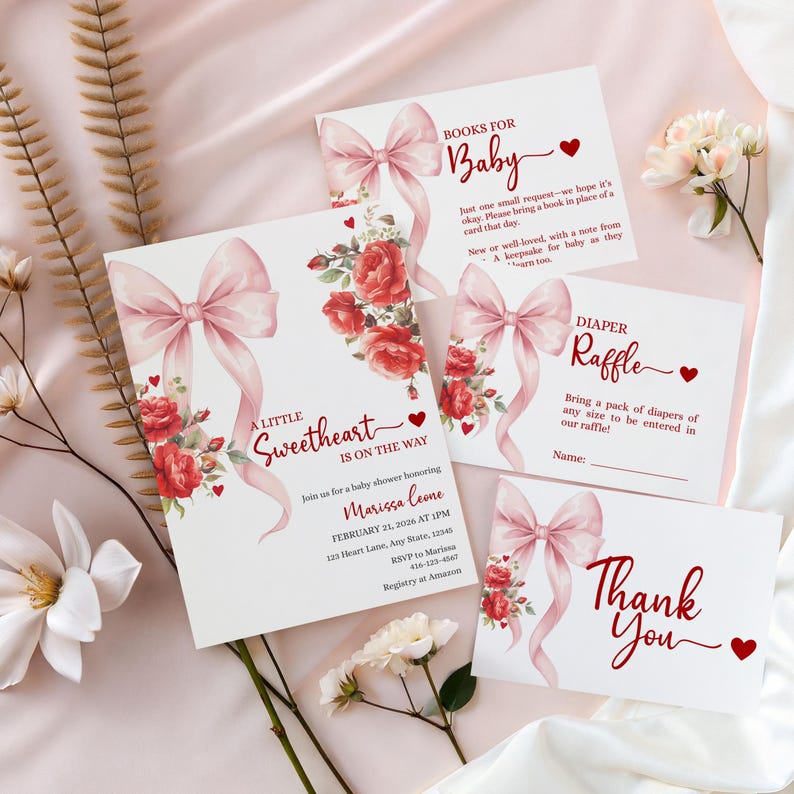 Sweetheart Baby Shower Invitation Set | Floral Bow Baby Shower ...
