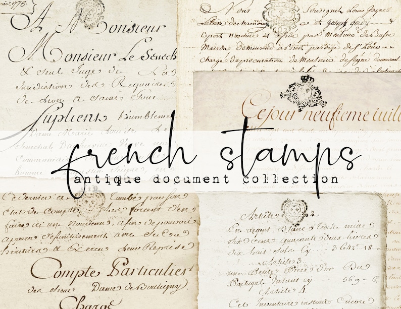 French Stamps & Script Antique Document Collection - Digital Download ...