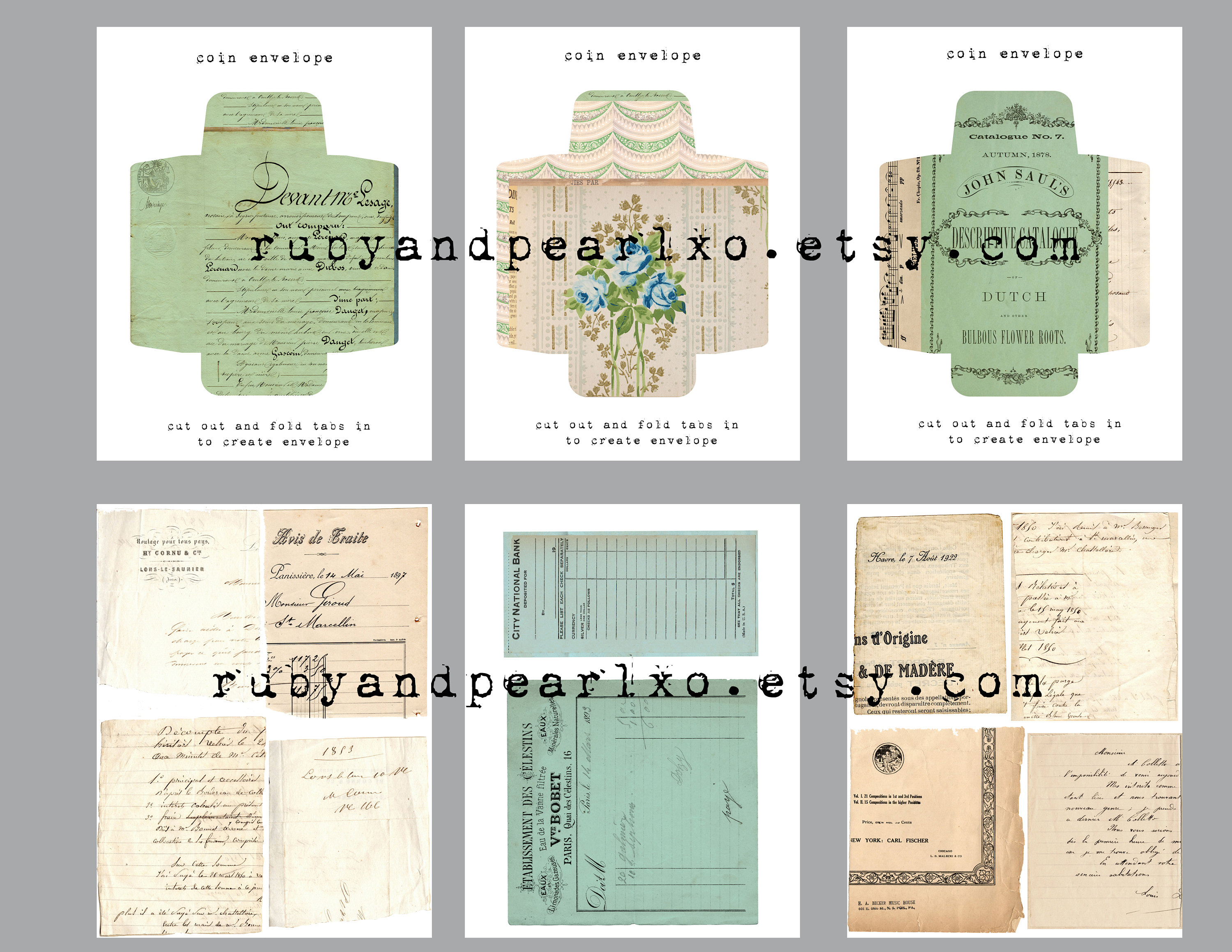 Blue & Green Vintage French Papers Collection Digital - Etsy