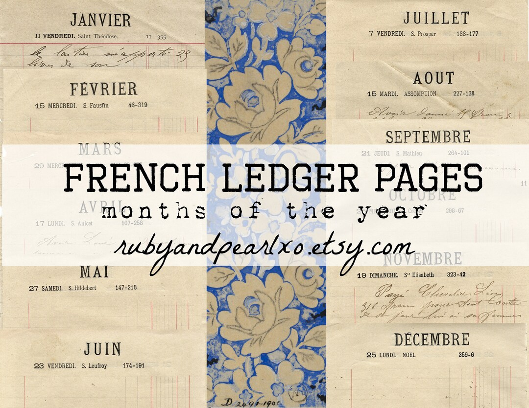 Antique French Ledger Printables - Months of Year - Junk Journal ...