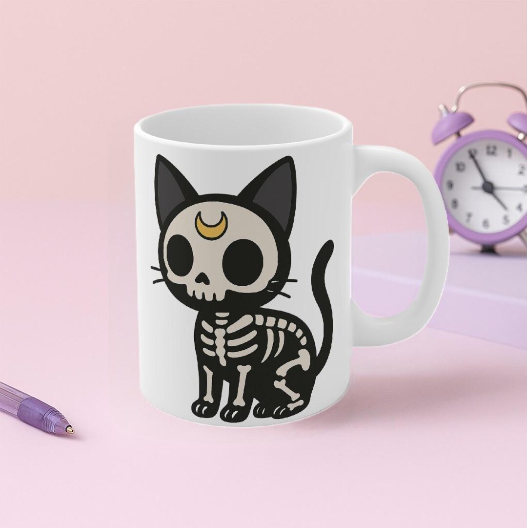 Luna Cat Skeleton Mug, Magical Girl Décor, Spooky Anime Coffee Cup ...