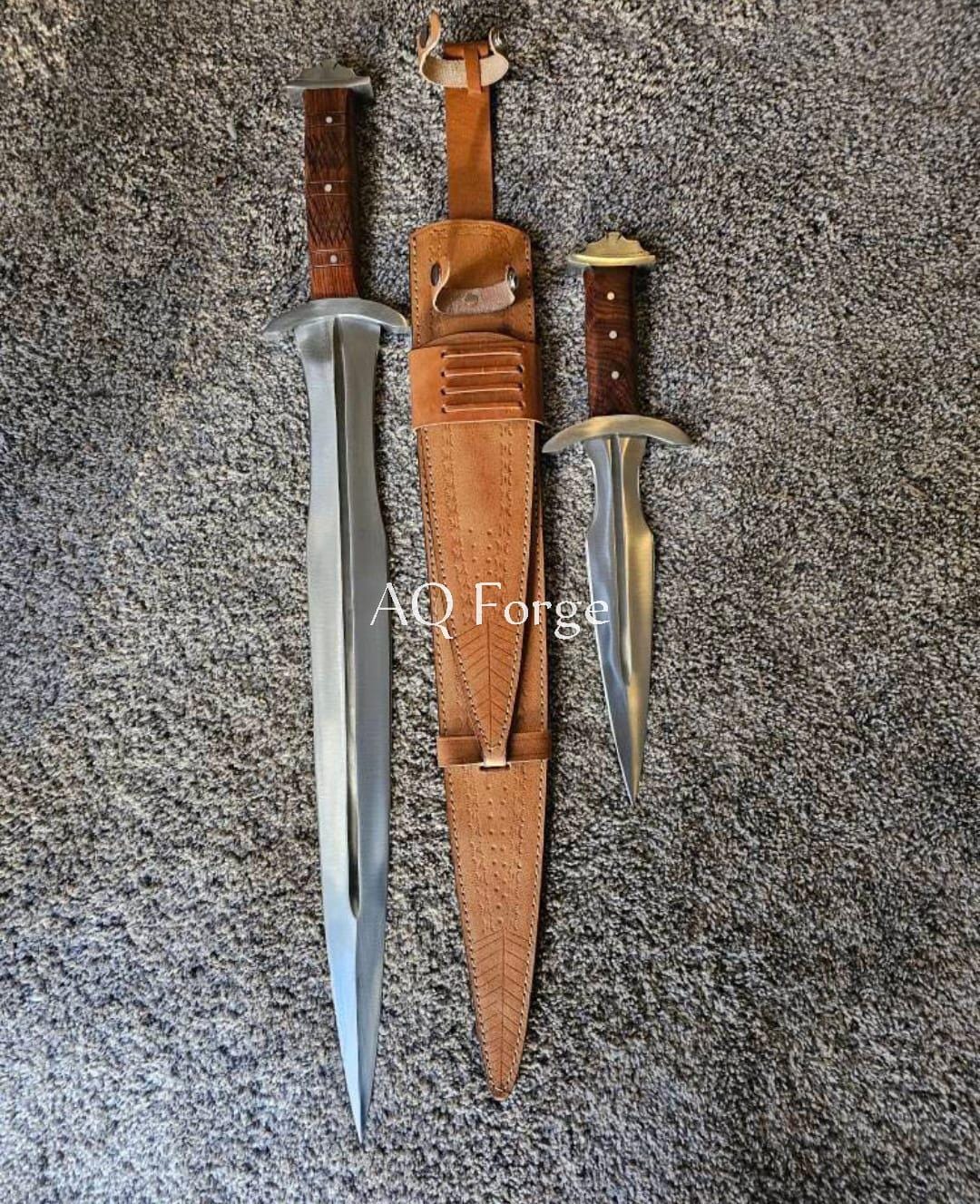 Set of 2 Handmade Carbon Steel Double Edge Medieval Sword & Hunting ...