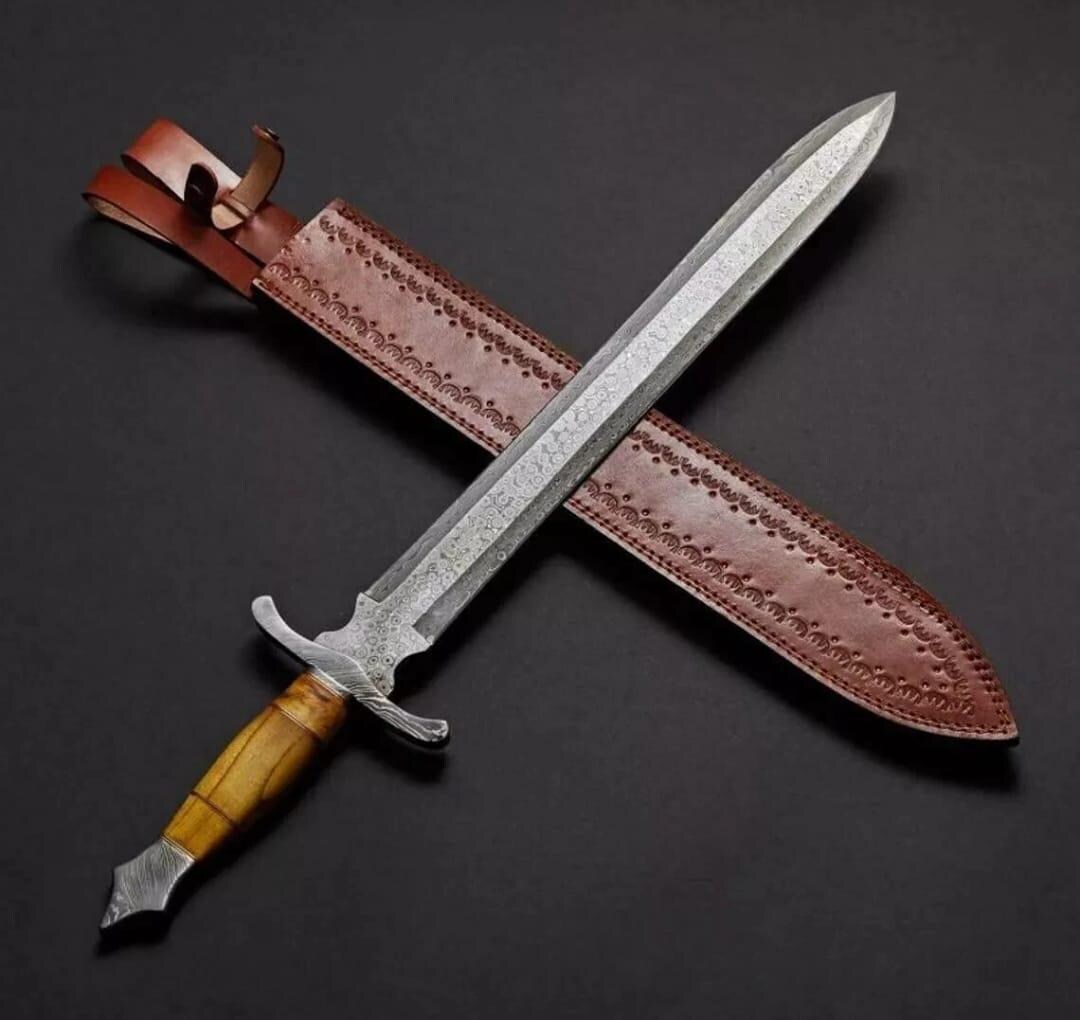 Custom Handmade Damascus Steel Double Edge Viking Sword With Olive Wood ...