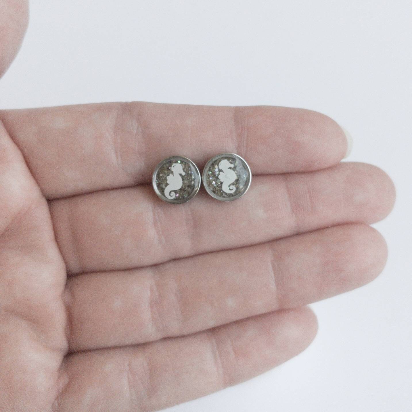 Abalone Shell And Seahorse Stainless Steel Stud Earrings — Sweetellabella