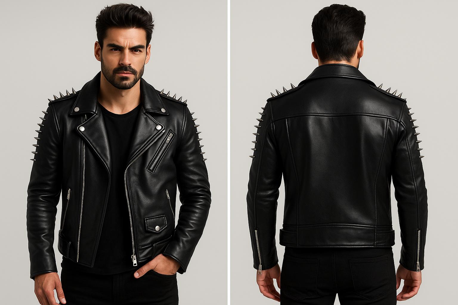 Mens Black Leather Spiked Biker Jacket – Punk Rock Moto Coat - Etsy