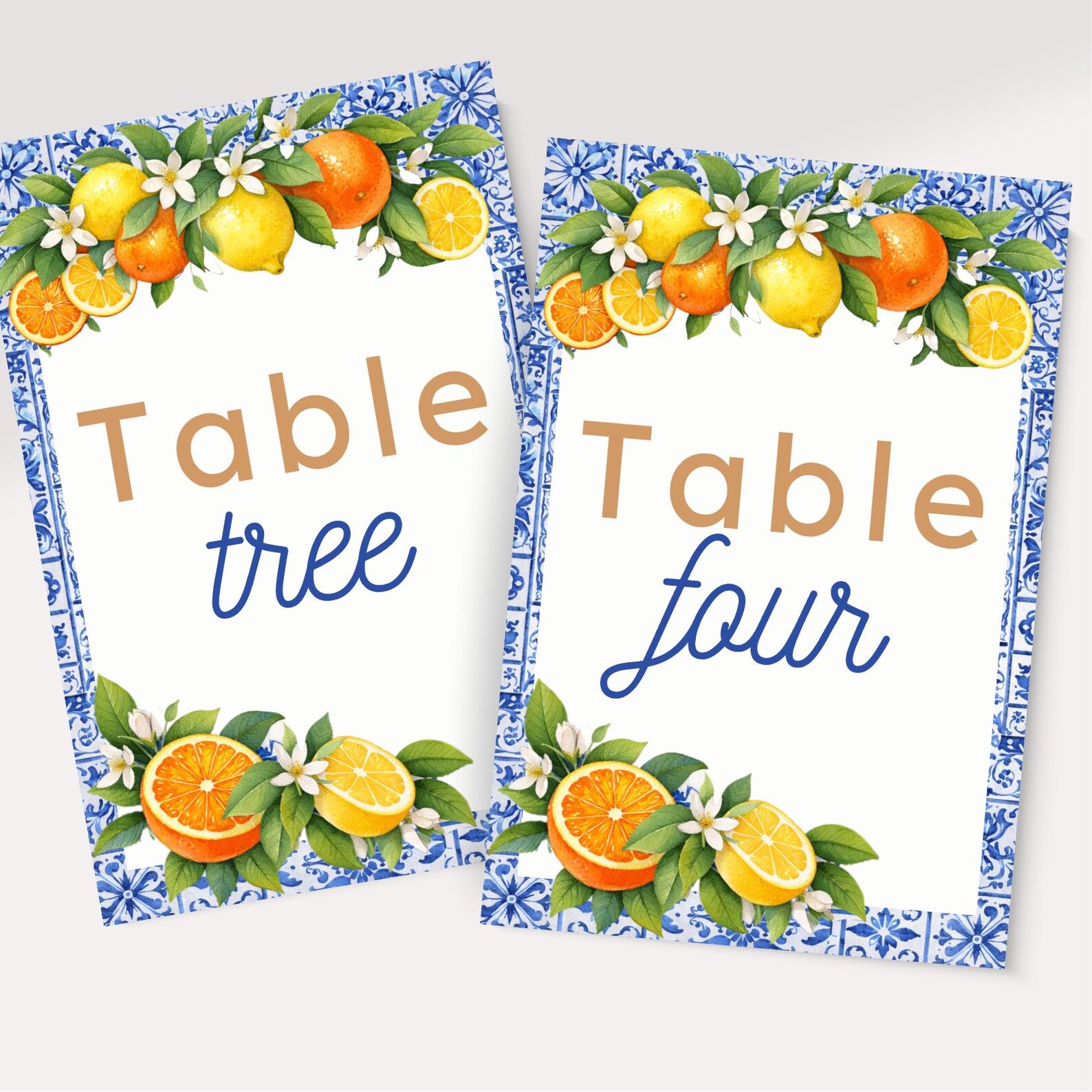 Citrus Digital Table Number Template | Lemon Blue Tile Italian Table ...