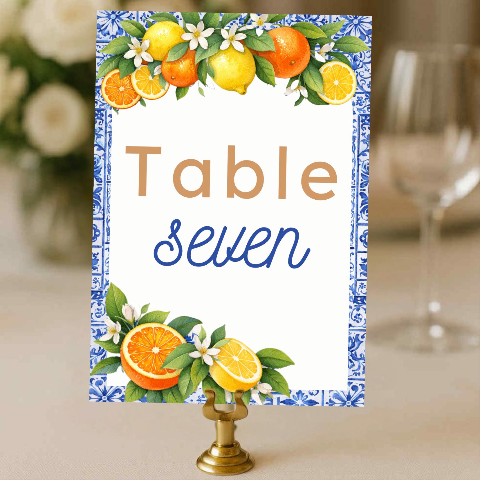 Citrus Digital Table Number Template | Lemon Blue Tile Italian Table ...