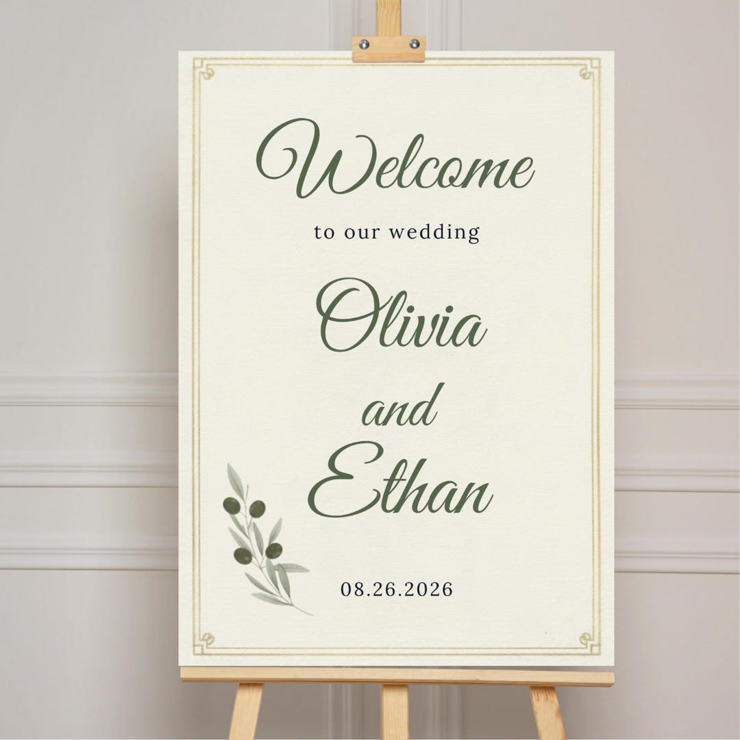 Olive Branch Digital Welcome Sign Template | Greenery Gold Elegant ...