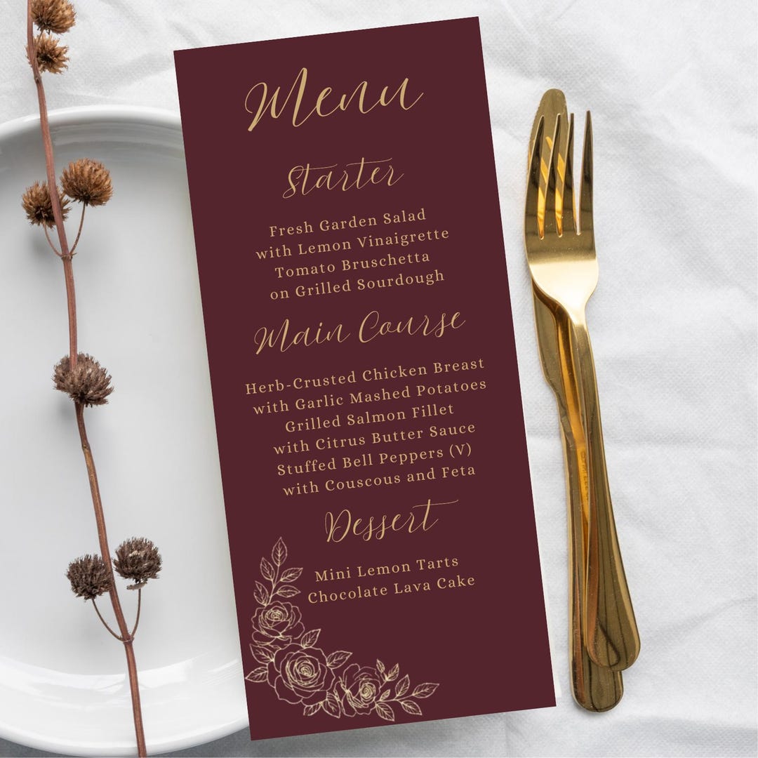 Burgundy Digital Menu Template | Dark Red and Gold Wedding Menu Card ...
