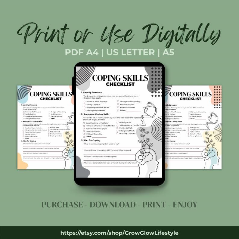 Coping Skills Checklist Bundle: Mental Health Printable Planner (PDF ...