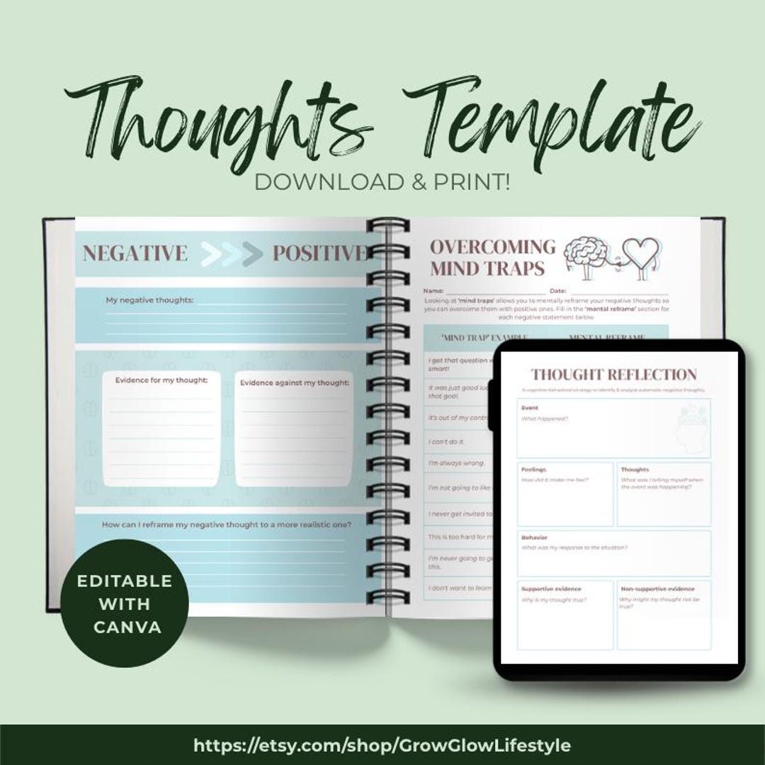 Thoughts Template Therapy Session: Printable Worksheet Bundle (digital ...