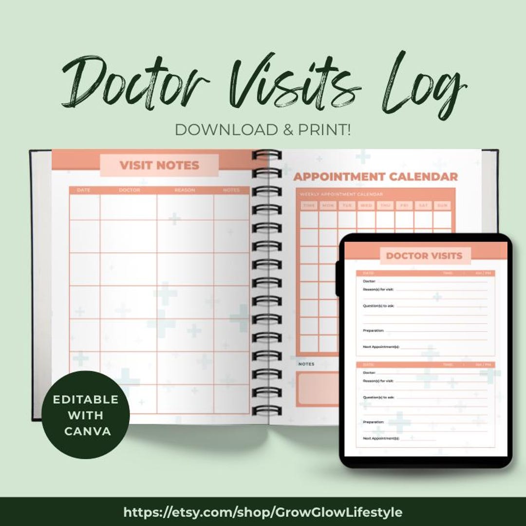 Doctor Visits Log Template: Patient Health Notes, Appointment Calendar ...