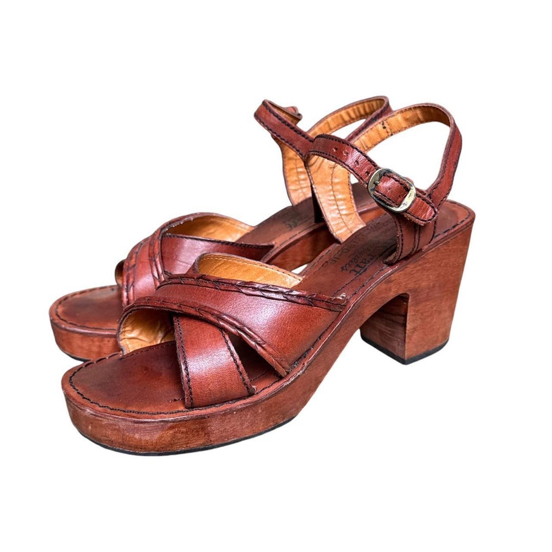 Vintage 60s Boho Retro Brown Leather Wooden Sole Sandal Clogs by ...