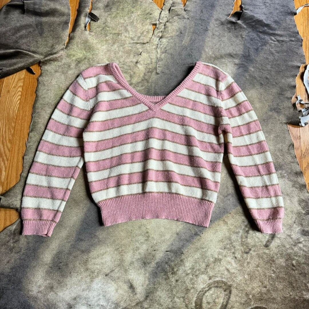 80s Retro Coquette Pink and Cream Striped Crop Knit Pull Over Metallic ...