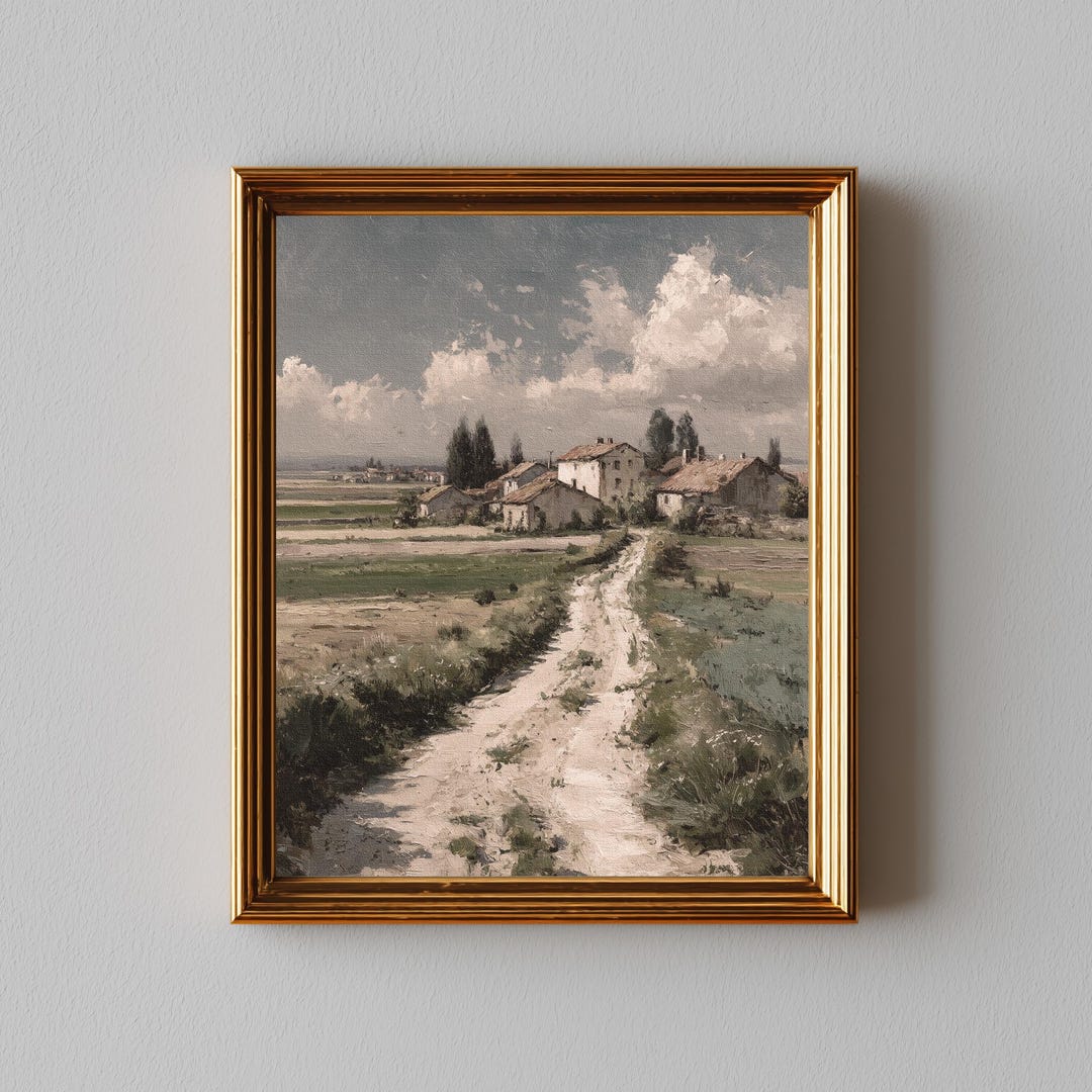 Country Lane Leading to Rustic Cottages - Vintage Country Scene, Cozy ...