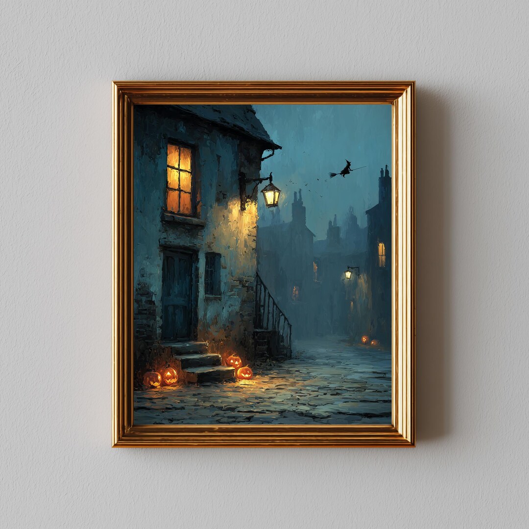 Vintage Halloween Night Print – Spooky Street Scene, Pumpkins (digital ...
