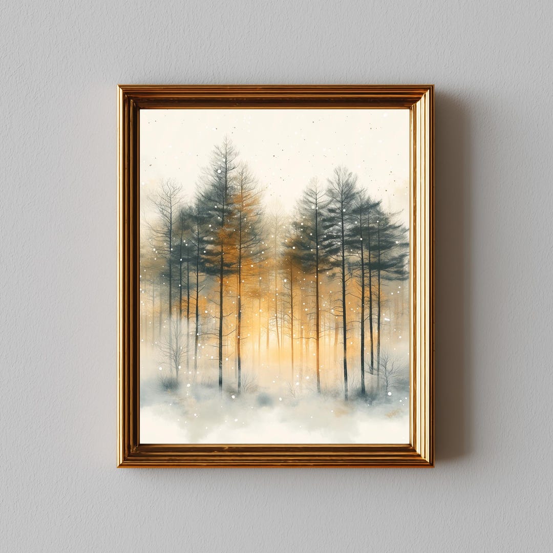 Cozy Winter Forest Printable Art - Evergreen Trees in Serene Scene ...