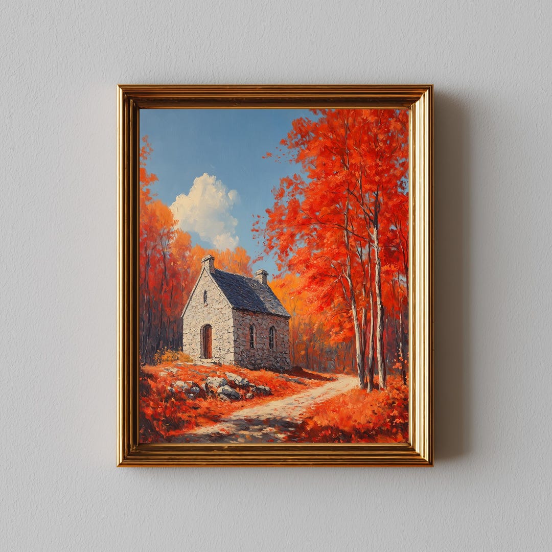 Rustic Autumn Chapel Landscape - Printable Fall Wall Art, Weathered ...
