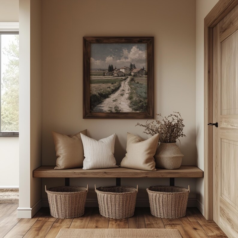 Country Lane Leading to Rustic Cottages - Vintage Country Scene, Cozy ...